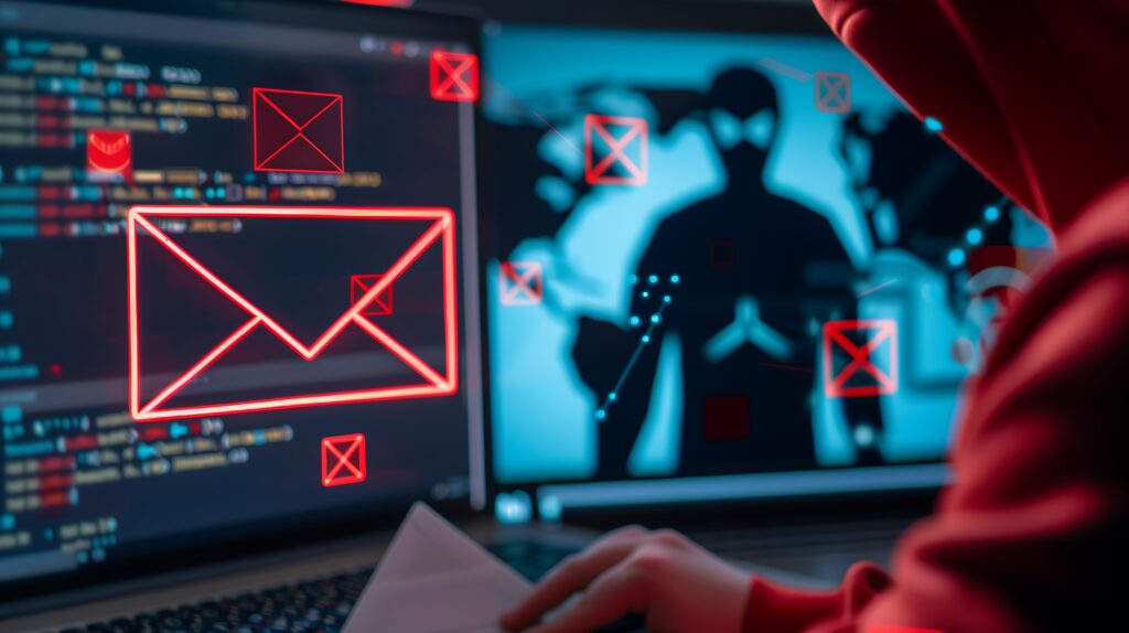 Computer screen displaying suspicious email interface with red alert symbols and warning message ...